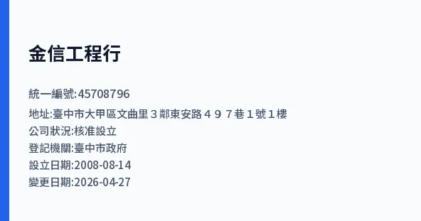 金信工程行的照片-統編 45708796(臺中市) 公司登記資料與營業項目詳細圖表