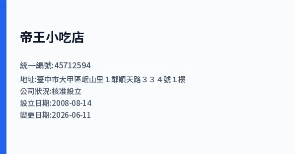帝王小吃店的照片-統編 45712594(臺中市) 公司登記資料與營業項目詳細圖表
