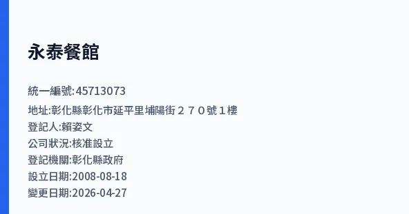 永泰餐館的照片-統編 45713073(彰化縣) 公司登記資料與營業項目詳細圖表
