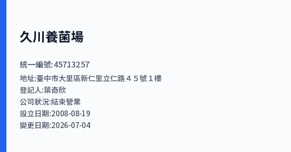 久川養菌場的照片-統編 45713257(臺中市) 公司登記資料與營業項目詳細圖表
