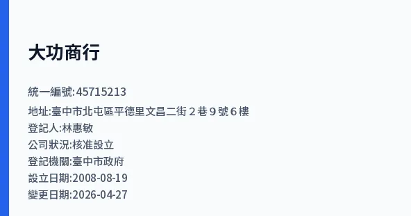 大功商行的照片-統編 45715213(臺中市) 公司登記資料與營業項目詳細圖表
