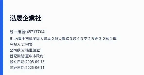 泓晟企業社的照片-統編 45717704(臺中市) 公司登記資料與營業項目詳細圖表