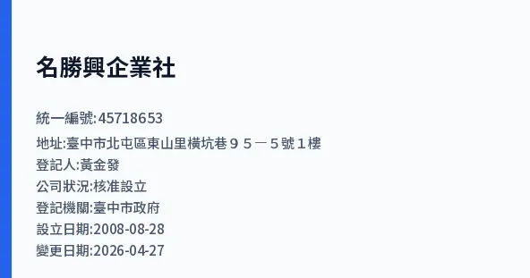 名勝興企業社的照片-統編 45718653(臺中市) 公司登記資料與營業項目詳細圖表