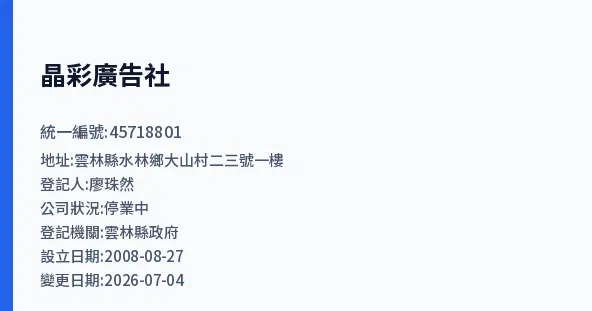 晶彩廣告社的照片-統編 45718801(雲林縣) 公司登記資料與營業項目詳細圖表