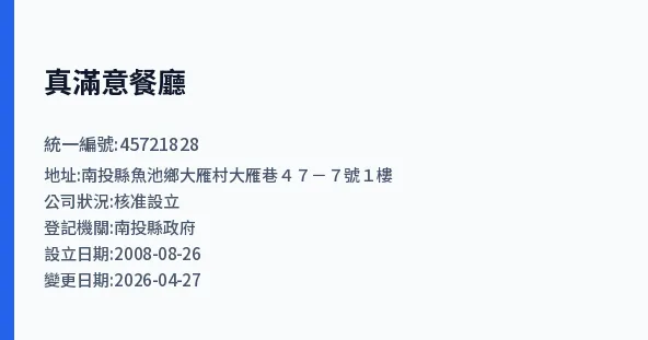 真滿意餐廳的照片-統編 45721828(南投縣) 公司登記資料與營業項目詳細圖表