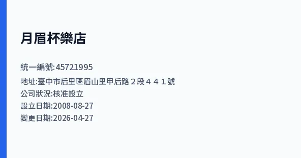 月眉杯樂店的照片-統編 45721995(臺中市) 公司登記資料與營業項目詳細圖表