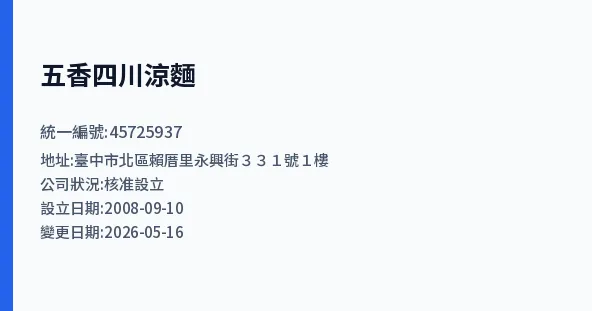五香四川涼麵的照片-統編 45725937(臺中市) 公司登記資料與營業項目詳細圖表