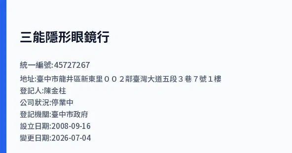 三能隱形眼鏡行的照片-統編 45727267(臺中市) 公司登記資料與營業項目詳細圖表