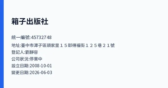 箱子出版社的照片-統編 45732748(臺中市) 公司登記資料與營業項目詳細圖表