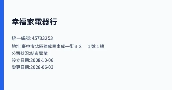 幸福家電器行的照片-統編 45733253(臺中市) 公司登記資料與營業項目詳細圖表