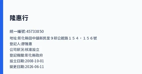 隆惠行的照片-統編 45733850(彰化縣) 公司登記資料與營業項目詳細圖表