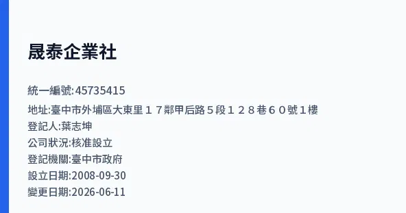 晟泰企業社的照片-統編 45735415(臺中市) 公司登記資料與營業項目詳細圖表
