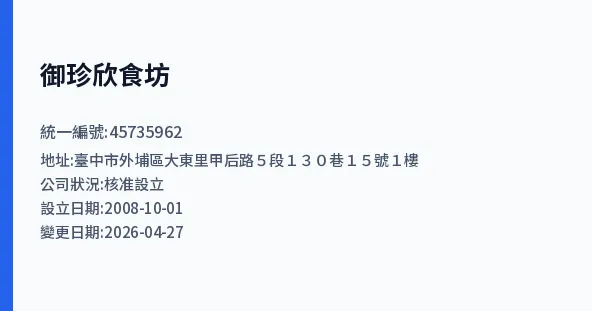 御珍欣食坊的照片-統編 45735962(臺中市) 公司登記資料與營業項目詳細圖表