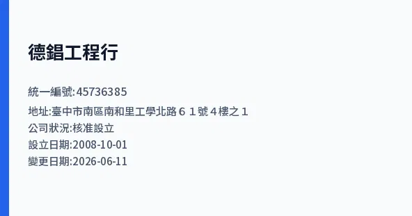 德錩工程行的照片-統編 45736385(臺中市) 公司登記資料與營業項目詳細圖表