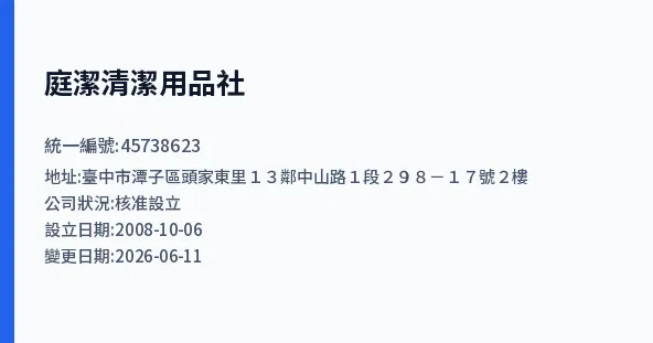 庭潔清潔用品社的照片-統編 45738623(臺中市) 公司登記資料與營業項目詳細圖表