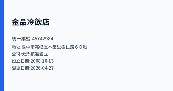 金品冷飲店的照片-統編 45742984(臺中市) 公司登記資料與營業項目詳細圖表