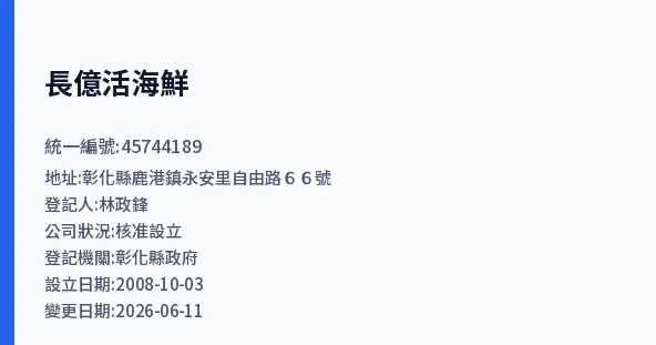 長億活海鮮的照片-統編 45744189(彰化縣) 公司登記資料與營業項目詳細圖表
