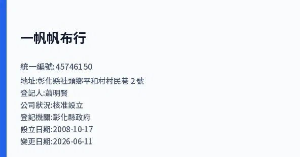 一帆帆布行的照片-統編 45746150(彰化縣) 公司登記資料與營業項目詳細圖表