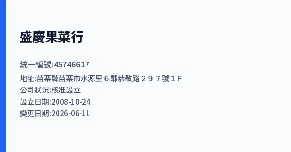 盛慶果菜行的照片-統編 45746617(苗栗縣) 公司登記資料與營業項目詳細圖表