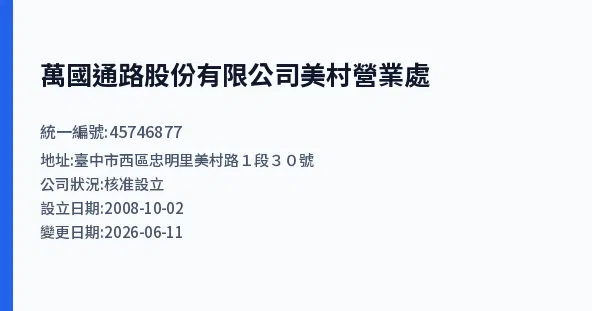 萬國通路股份有限公司美村營業處的照片-統編 45746877(臺中市) 公司登記資料與營業項目詳細圖表