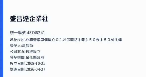 盛昌達企業社的照片-統編 45748241(彰化縣) 公司登記資料與營業項目詳細圖表