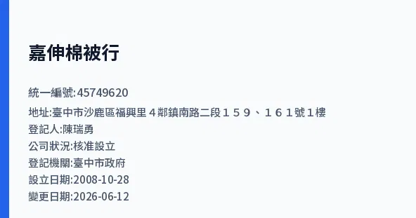 嘉伸棉被行的照片-統編 45749620(臺中市) 公司登記資料與營業項目詳細圖表