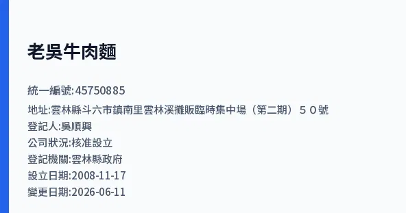 老吳牛肉麵的照片-統編 45750885(雲林縣) 公司登記資料與營業項目詳細圖表