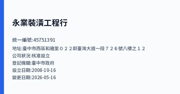 永業裝潢工程行的照片-統編 45751391(臺中市) 公司登記資料與營業項目詳細圖表