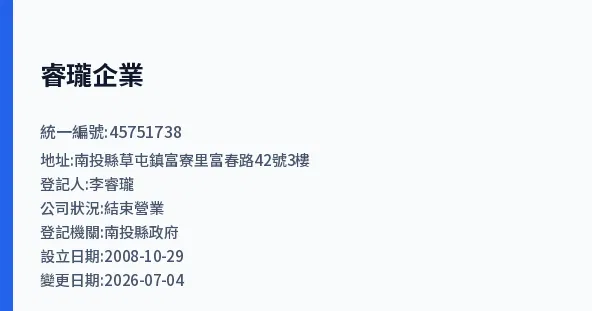 睿瓏企業的照片-統編 45751738(南投縣) 公司登記資料與營業項目詳細圖表