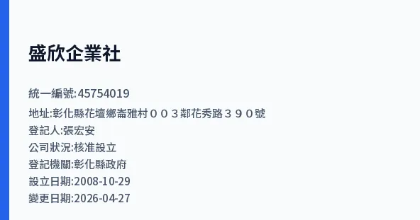 盛欣企業社的照片-統編 45754019(彰化縣) 公司登記資料與營業項目詳細圖表