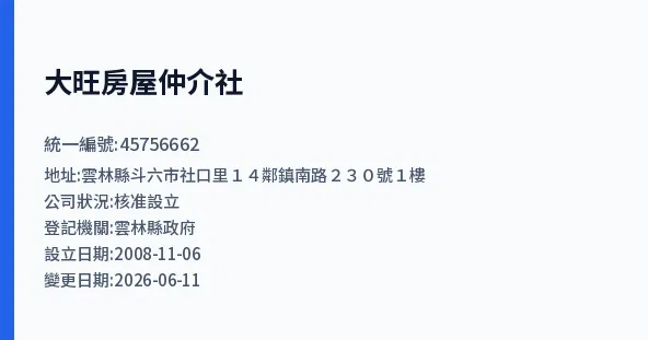 大旺房屋仲介社的照片-統編 45756662(雲林縣) 公司登記資料與營業項目詳細圖表