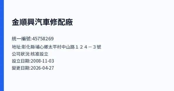 金順興汽車修配廠的照片-統編 45758269(彰化縣) 公司登記資料與營業項目詳細圖表