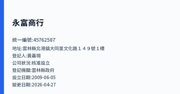 永富商行的照片-統編 45762587(雲林縣) 公司登記資料與營業項目詳細圖表
