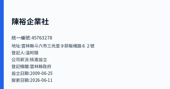 陳裕企業社的照片-統編 45763278(雲林縣) 公司登記資料與營業項目詳細圖表