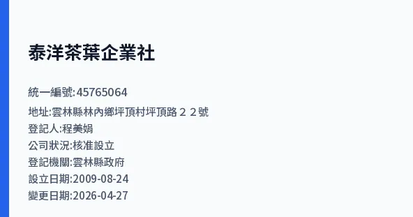 泰洋茶葉企業社的照片-統編 45765064(雲林縣) 公司登記資料與營業項目詳細圖表