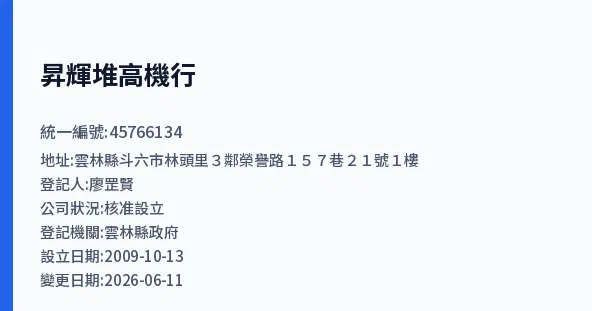 昇輝堆高機行的照片-統編 45766134(雲林縣) 公司登記資料與營業項目詳細圖表