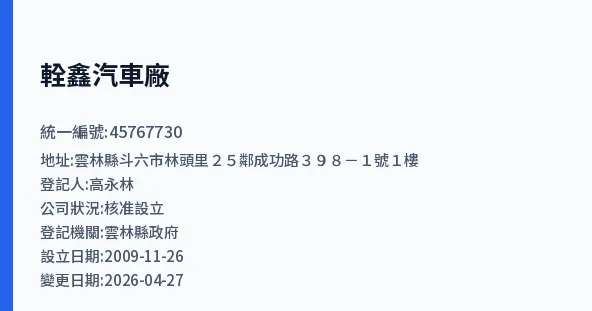 輇鑫汽車廠的照片-統編 45767730(雲林縣) 公司登記資料與營業項目詳細圖表