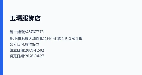 玉瑪服飾店的照片-統編 45767773(雲林縣) 公司登記資料與營業項目詳細圖表