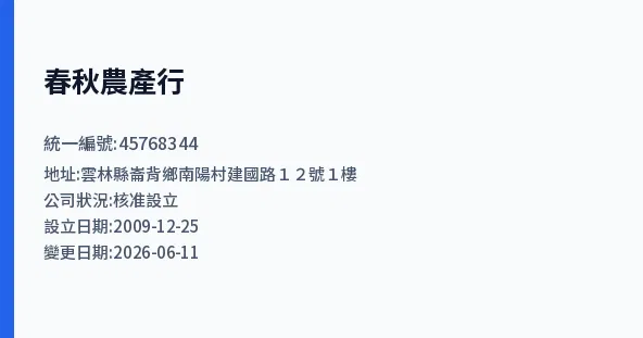 春秋農產行的照片-統編 45768344(雲林縣) 公司登記資料與營業項目詳細圖表