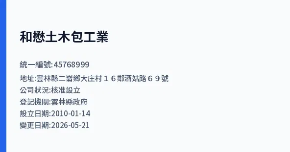 和懋土木包工業的照片-統編 45768999(雲林縣) 公司登記資料與營業項目詳細圖表
