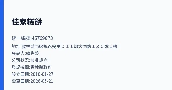 佳家糕餅的照片-統編 45769673(雲林縣) 公司登記資料與營業項目詳細圖表
