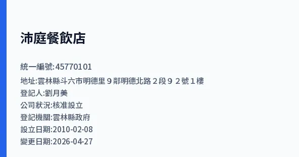 沛庭餐飲店的照片-統編 45770101(雲林縣) 公司登記資料與營業項目詳細圖表