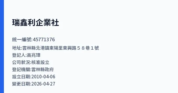 瑞鑫利企業社的照片-統編 45771376(雲林縣) 公司登記資料與營業項目詳細圖表