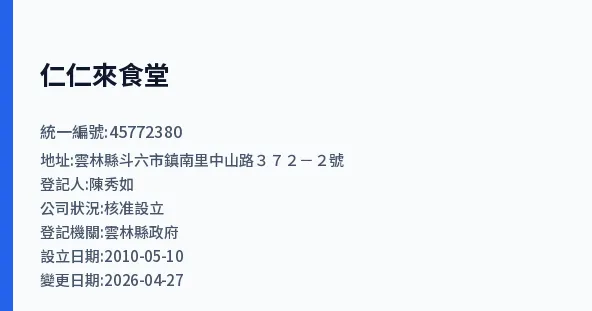 仁仁來食堂的照片-統編 45772380(雲林縣) 公司登記資料與營業項目詳細圖表