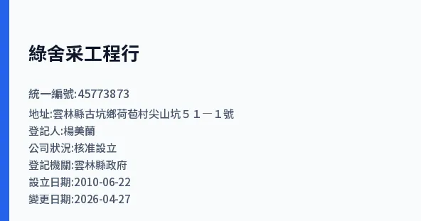 綠舍采工程行的照片-統編 45773873(雲林縣) 公司登記資料與營業項目詳細圖表