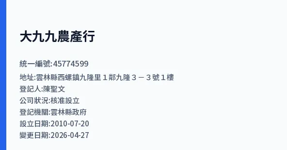 大九九農產行的照片-統編 45774599(雲林縣) 公司登記資料與營業項目詳細圖表