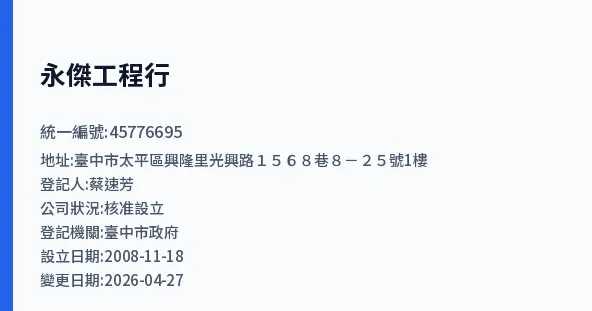 永傑工程行的照片-統編 45776695(臺中市) 公司登記資料與營業項目詳細圖表