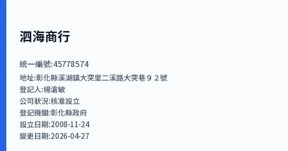 泗海商行的照片-統編 45778574(彰化縣) 公司登記資料與營業項目詳細圖表
