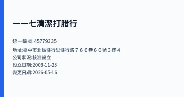 一一七清潔打腊行的照片-統編 45779335(臺中市) 公司登記資料與營業項目詳細圖表