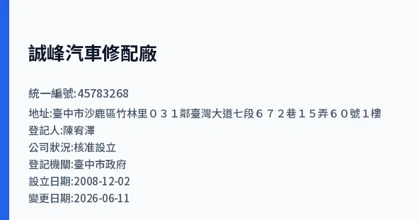 誠峰汽車修配廠的照片-統編 45783268(臺中市) 公司登記資料與營業項目詳細圖表